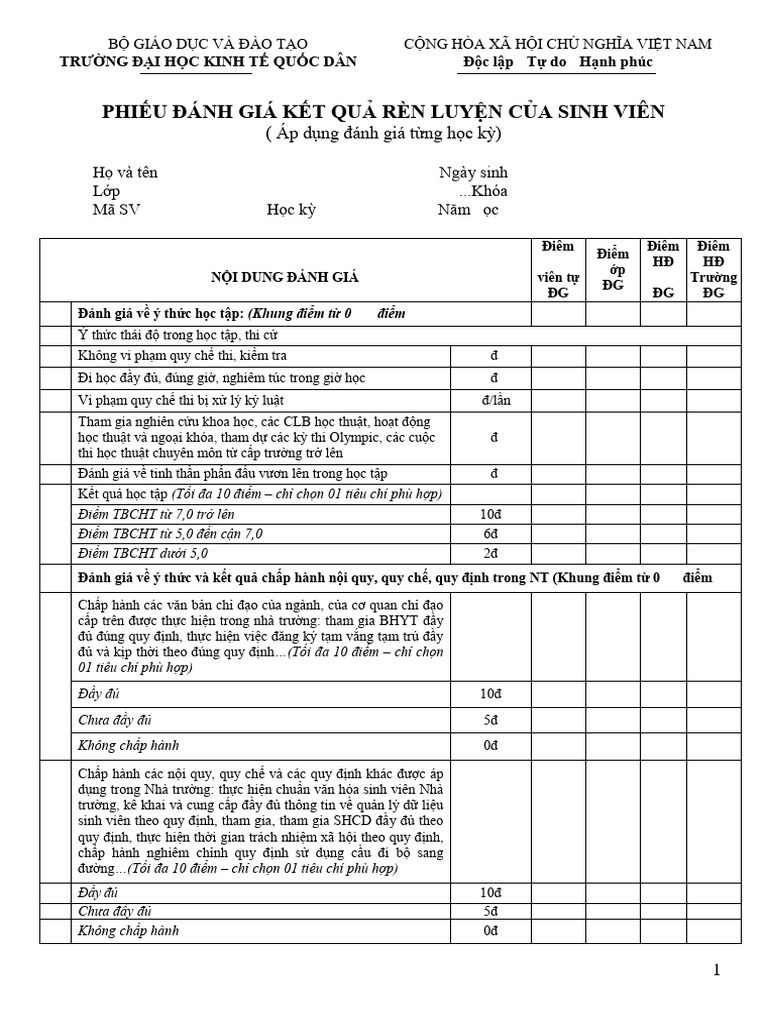 Phieu Danh Gia Ket Qua Ren Luyen Cua Sinh Vien | PDF