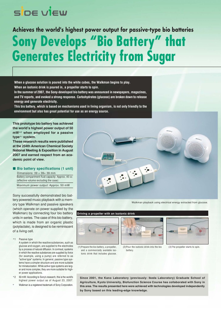 Sony Develops "Bio Battery" That Generates Electricity From Sugar | PDF