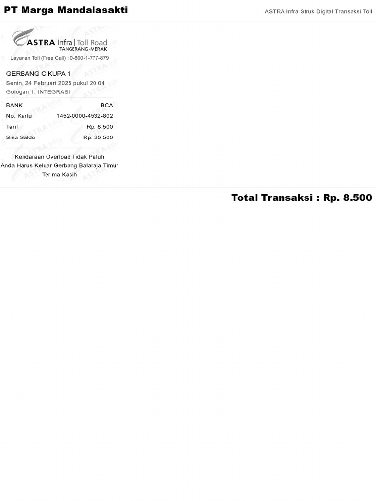 ASTRA Infra Struk Digital Transaksi Toll - 20253381153 | PDF