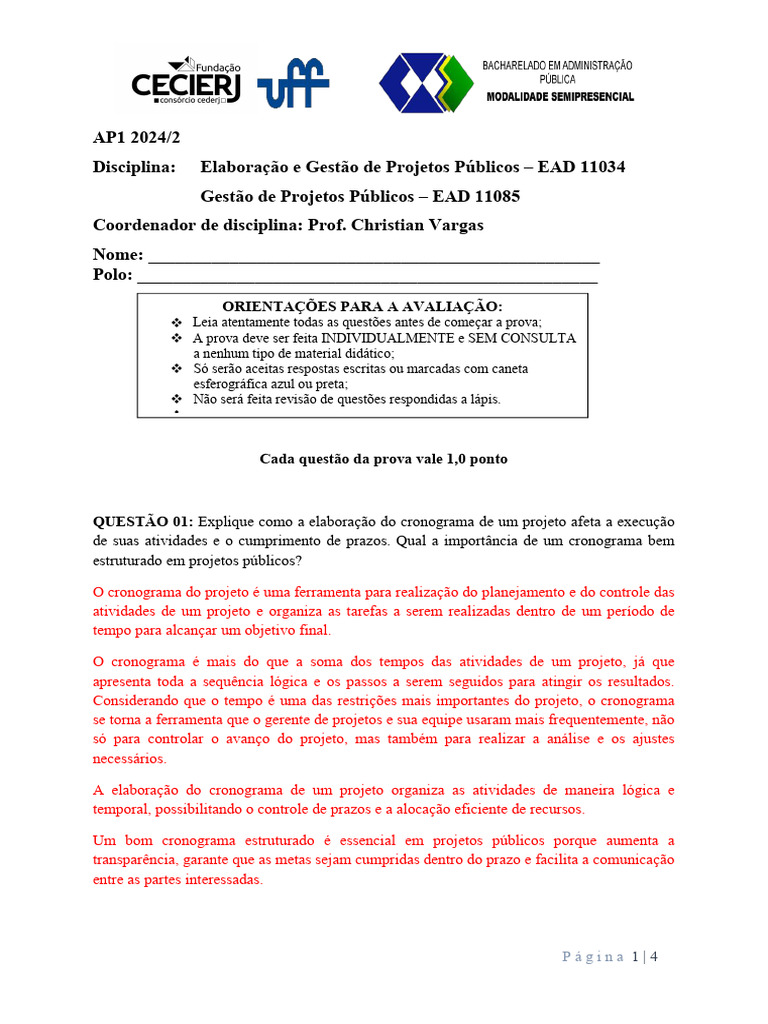 2024-2 - AP1 - Gestão de Projetos Públicos-GABARITO | PDF | Gestão de projetos | Planejamento