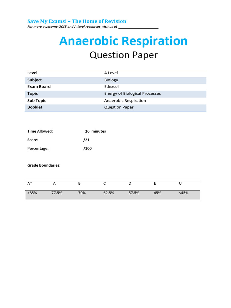 Anaerobic Respiration Question Paper | PDF | Career And Technical ...