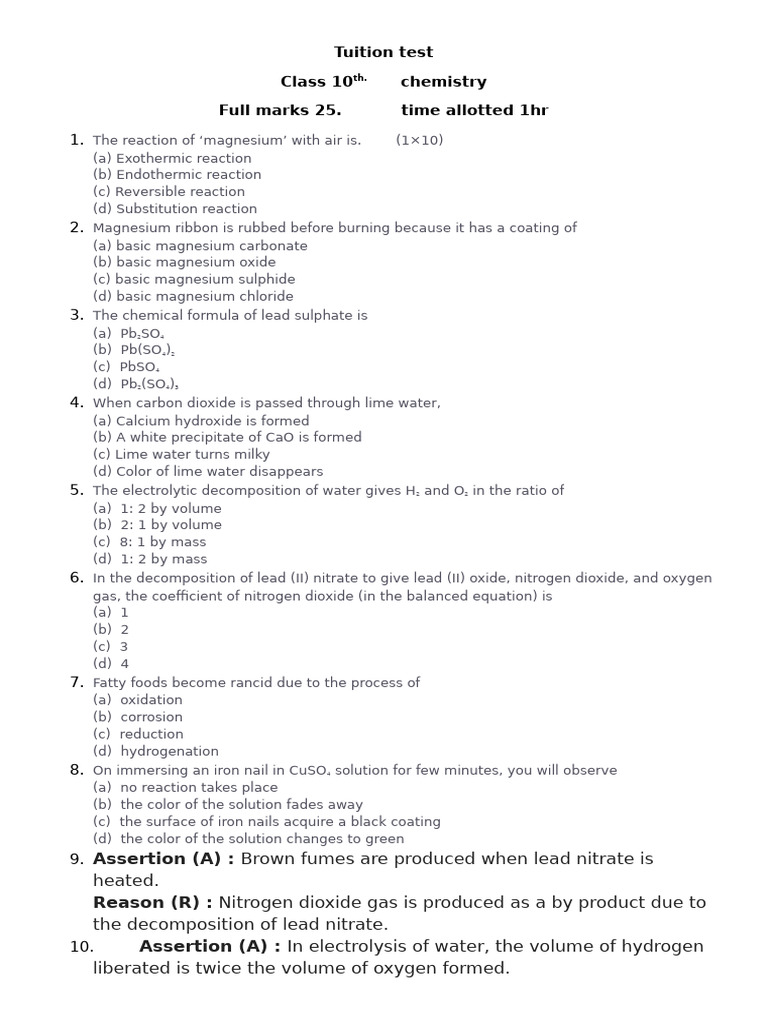 Chemistry Test Class 10 Test 01 | PDF | Oxide | Chemical Reactions