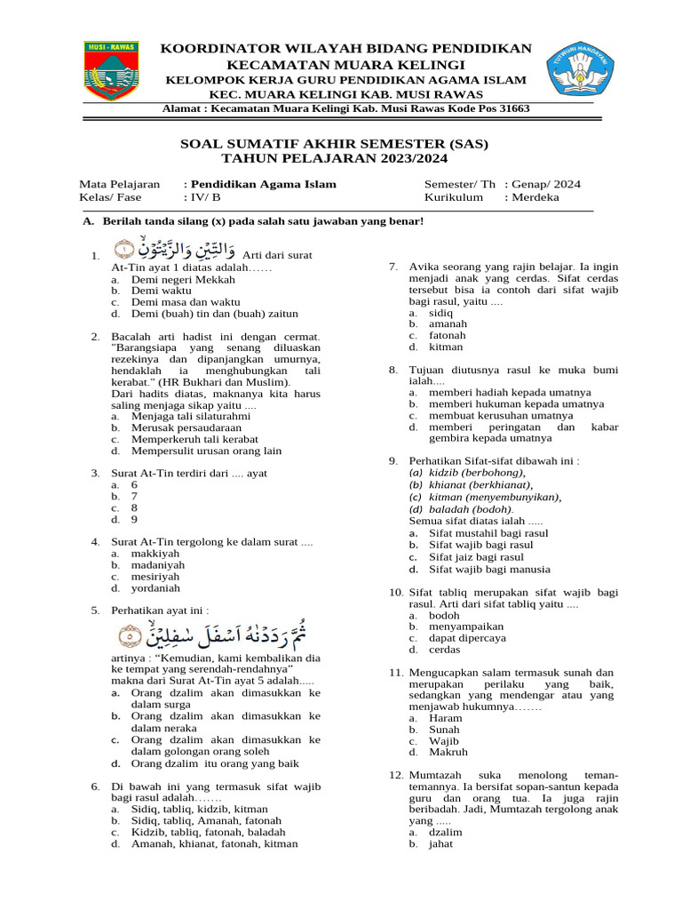 Soal SAS PAI Kls 4 Kurmer Genap 2023-2024 | PDF