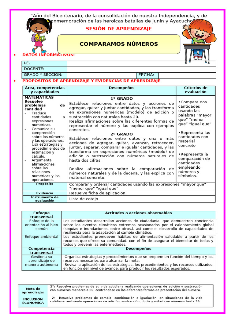 U2 S2 Sesion D4 Mat Comparamos Numeros Maestras de Primaria Del Peru | PDF | Aprendizaje ...