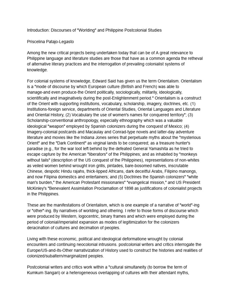 Philippine Postcolonial Studies and Worlding | PDF | Postcolonialism ...