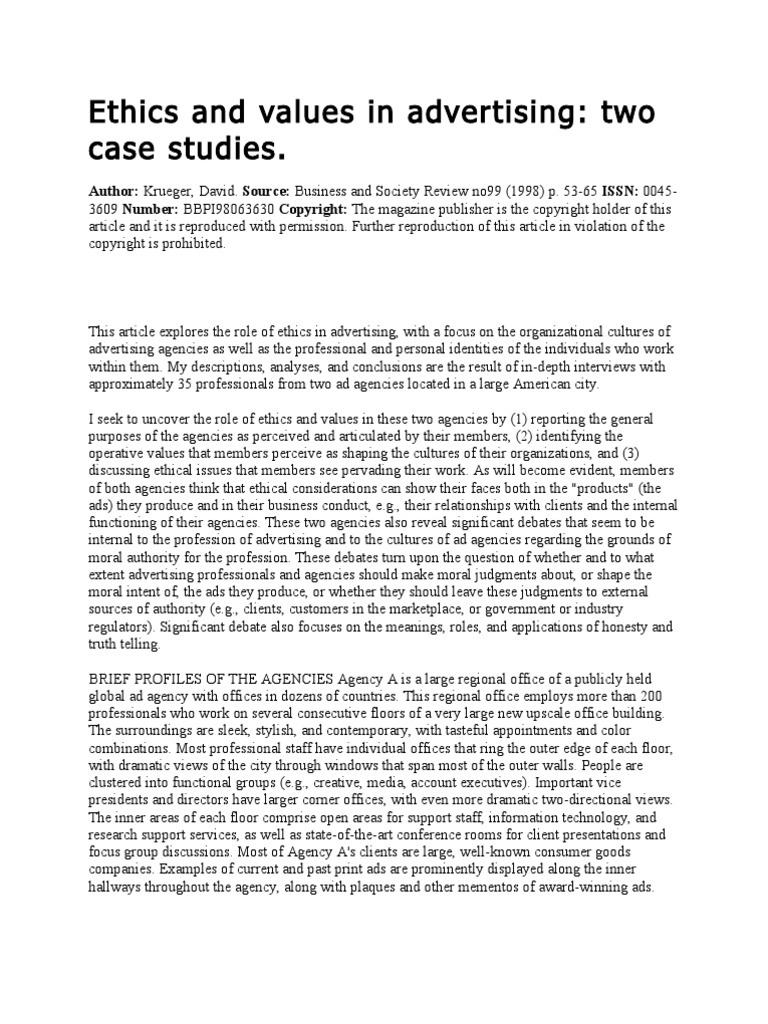 Ethics and Values in Advertising | PDF | Morality | Organizational Culture