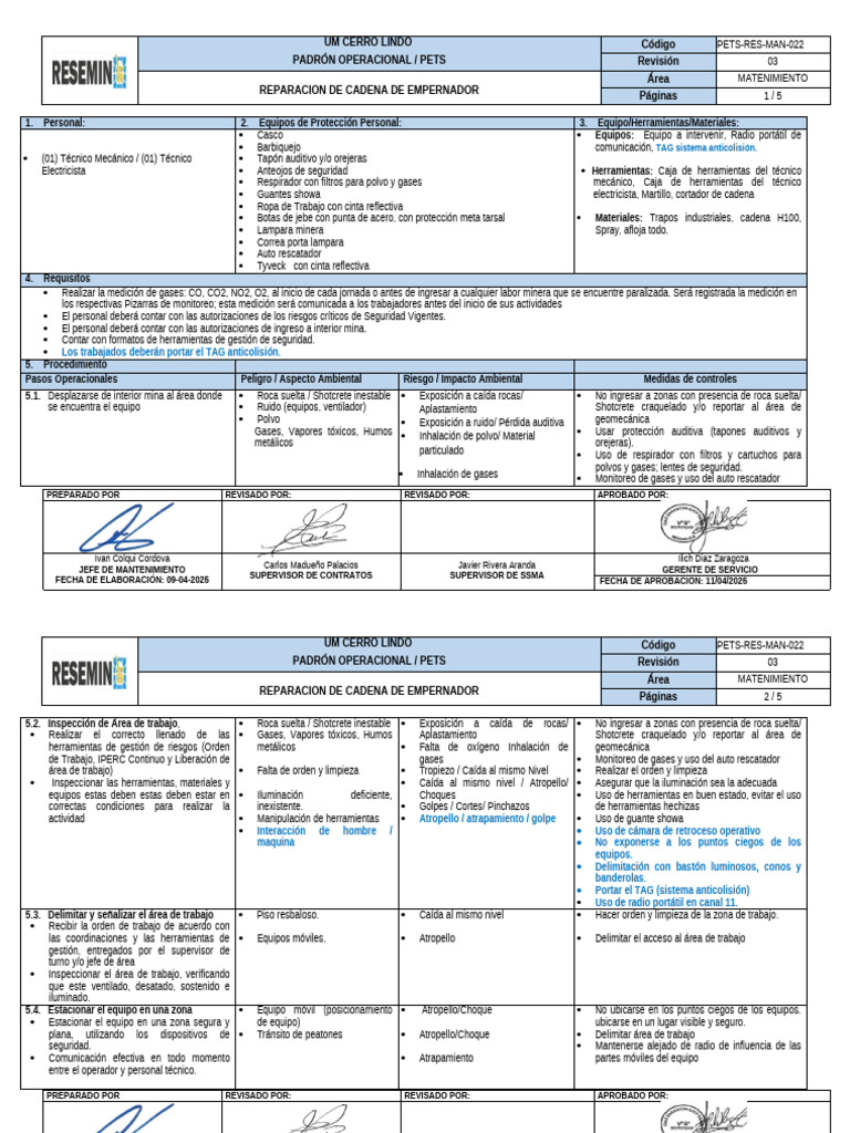 PETS-RES-MAN-022 - Cambio o Reparacion Cadena | PDF