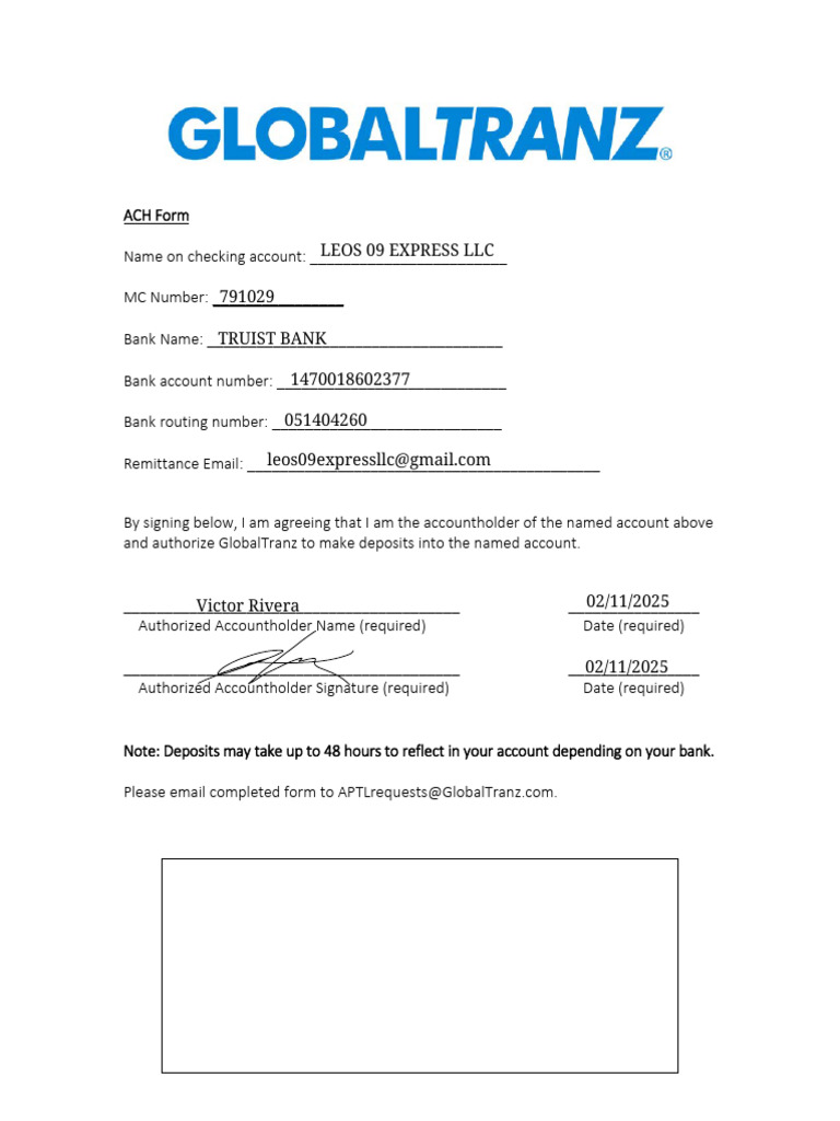 Ach Deposit Form Globaltranz | PDF