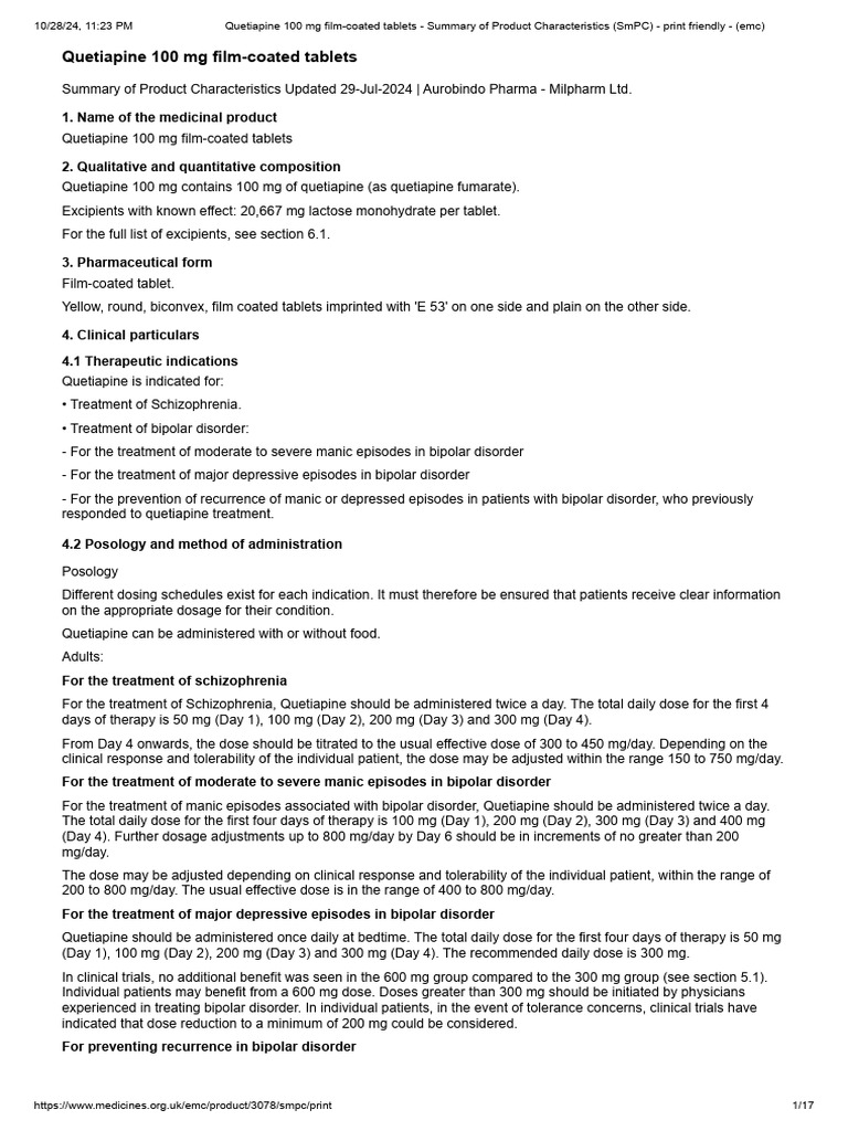 Quetiapine 100 Mg Film-coated Tablets - Summary of Product ...