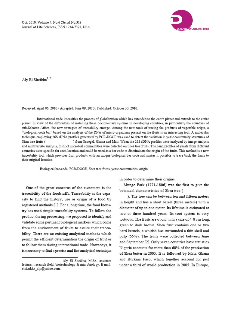 Shea Fruit Origin via Yeast DNA Analysis | PDF | Gel Electrophoresis ...