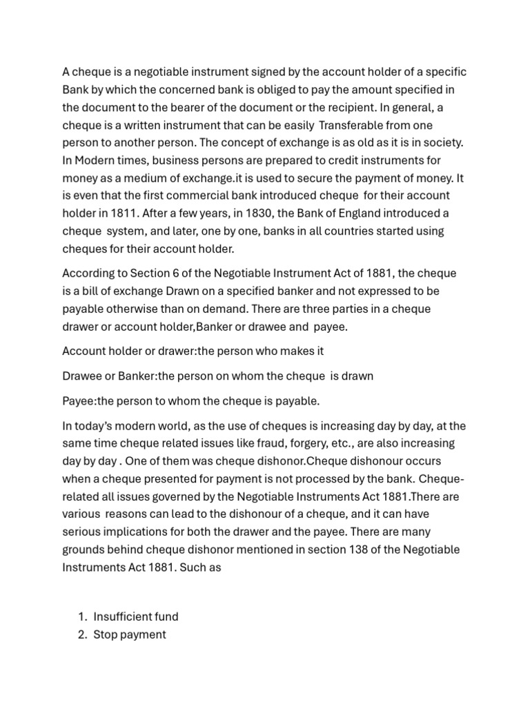Understanding Cheque Dishonour Issues | PDF | Cheque | Negotiable ...