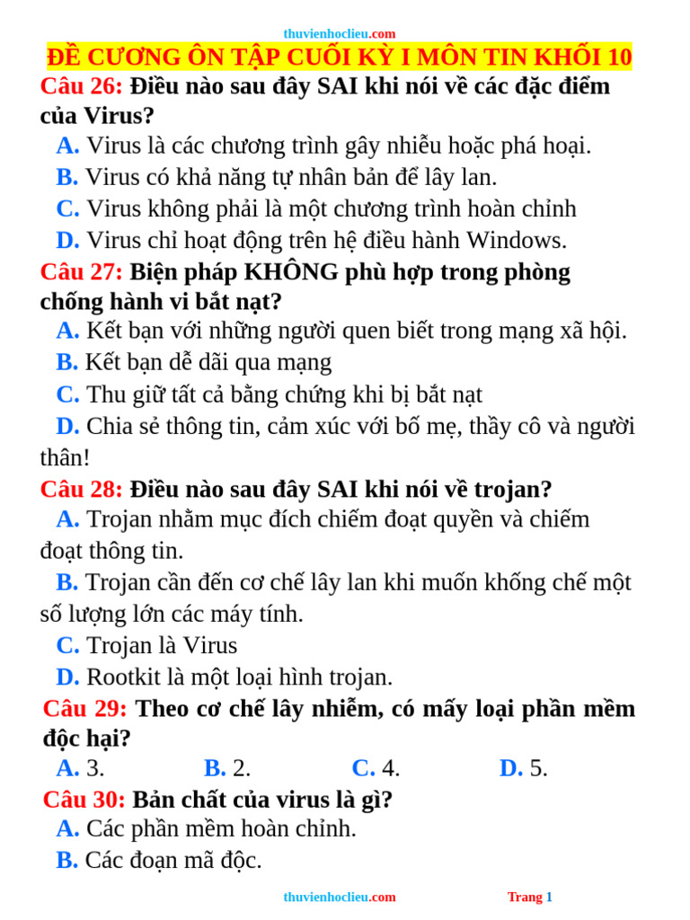 De Cuong On Tap HK1 Tin 10 KNTT Co Dap An | PDF