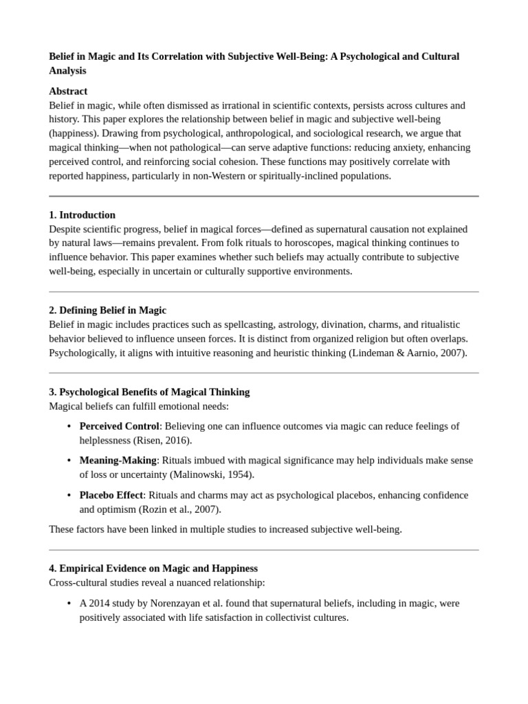 Belief in Magic and Its Correlation With Subjective Well Being A ...