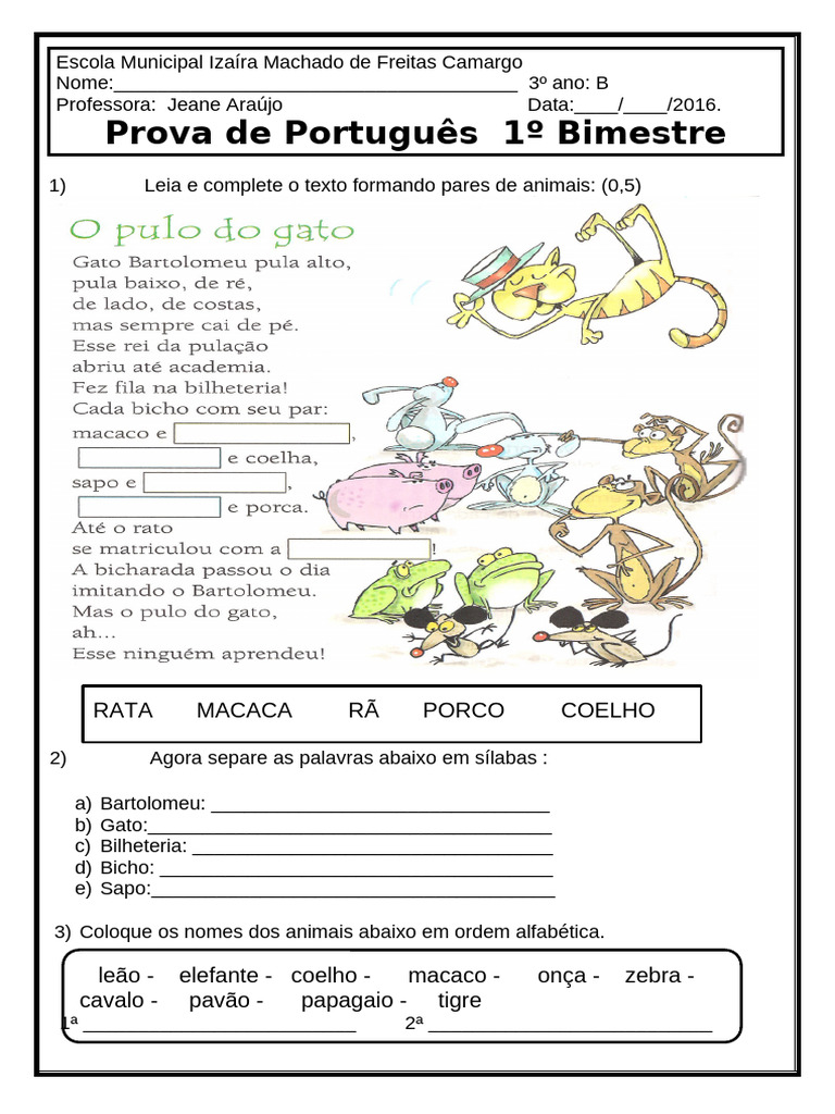 Prova de Português 3º Ano - 1º Bimestre | PDF