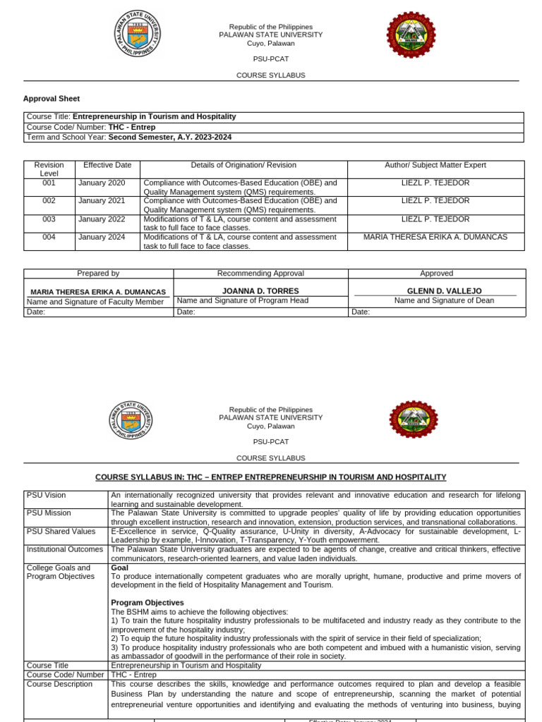 Entrepreneurship in Tourism Syllabus | PDF | Entrepreneurship ...