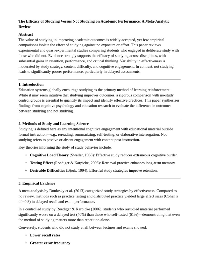 The Efficacy of Studying Versus Not Studying On Academic Performance A ...