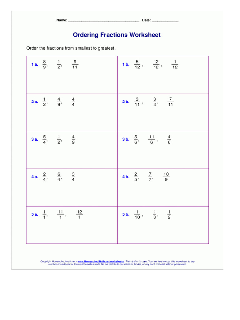Free Worksheets For Comparing or Ordering Fractions | PDF