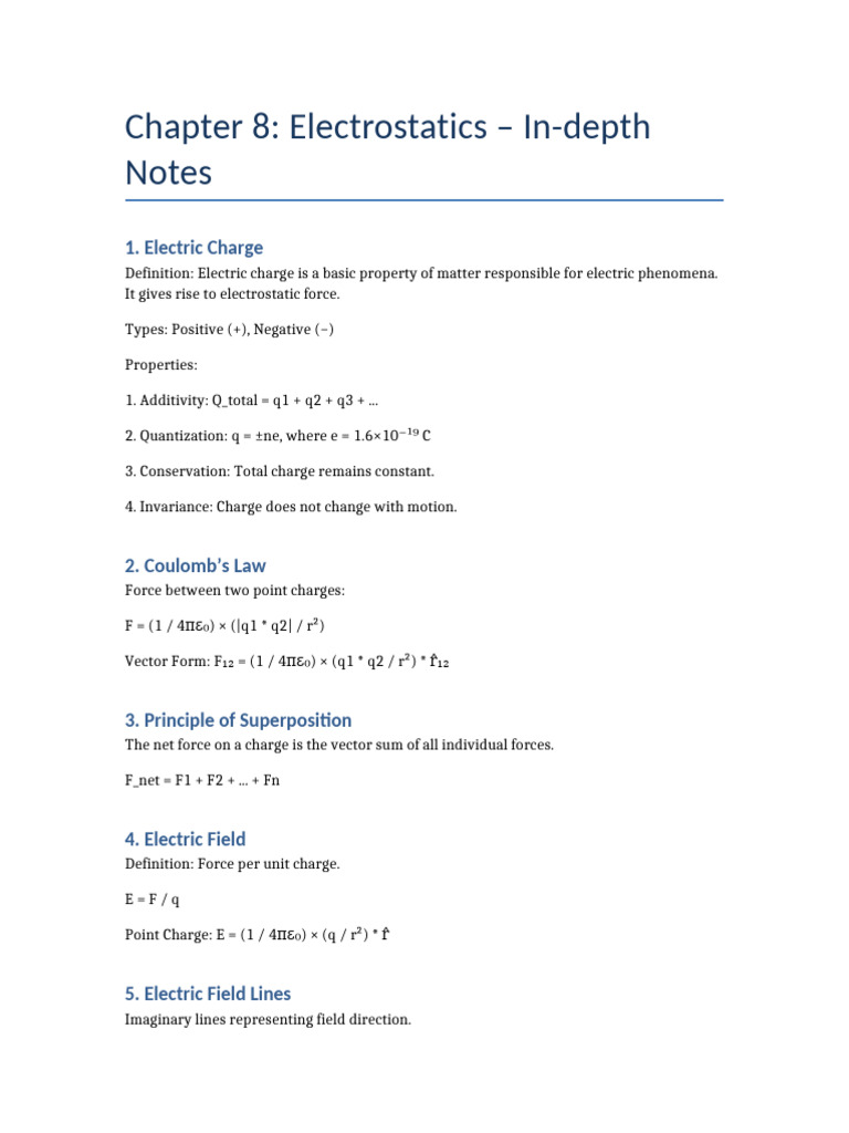 Class 12 Electrostatics Notes Summary | PDF