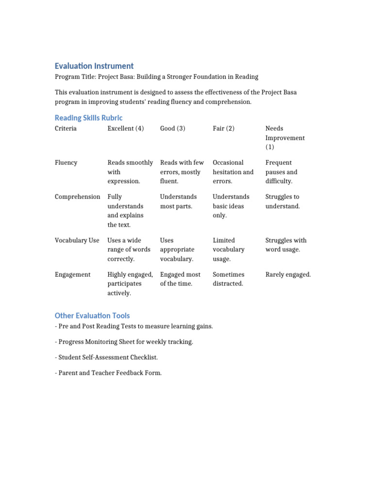 Evaluation Instrument Project Basa | PDF