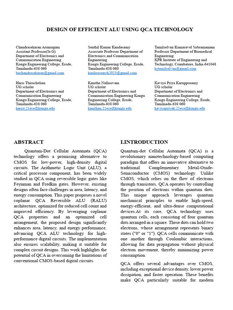 Design of Efficient Alu Using Qca Technology | PDF | Logic Gate | Digital Electronics