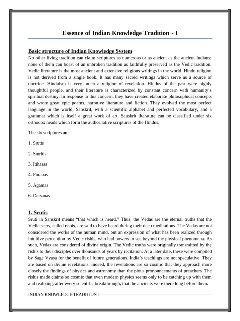 Essence of Indian Knowledge - I Report | PDF | Vedas | Hindu Texts