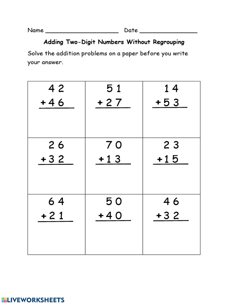 Adding Two-Digit Numbers Without Regrouping: Name - Date | PDF