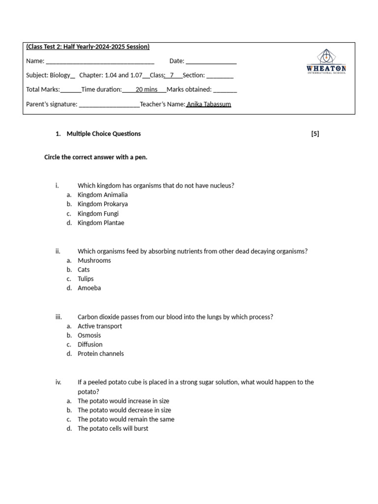 Class Test 2 - Classification and in and Out of Cells | PDF | Plants ...