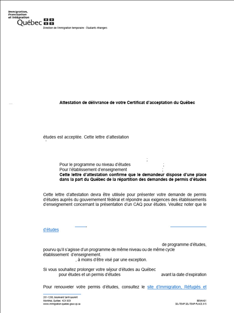 Attestation CAQ pour études au Québec | PDF