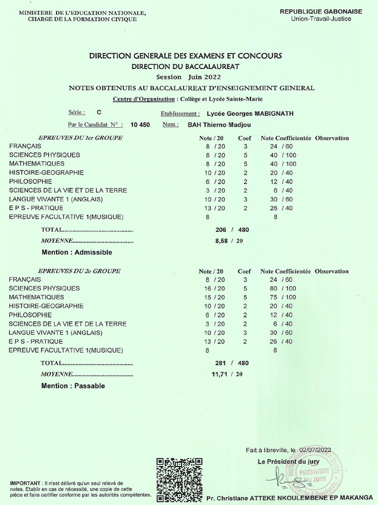 Relevé de Note Du Bac | PDF
