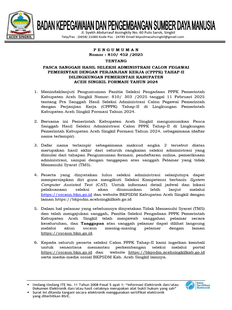 Pengumuman Pasca Sanggah Administrasi PPPK Tahap-2 Th. 2024 Aceh Singkil | PDF