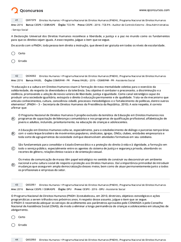 Questões - D.Humanos - 3 - Programa Nacional de Direitos Humanos | PDF | Direitos Humanos | Brasil