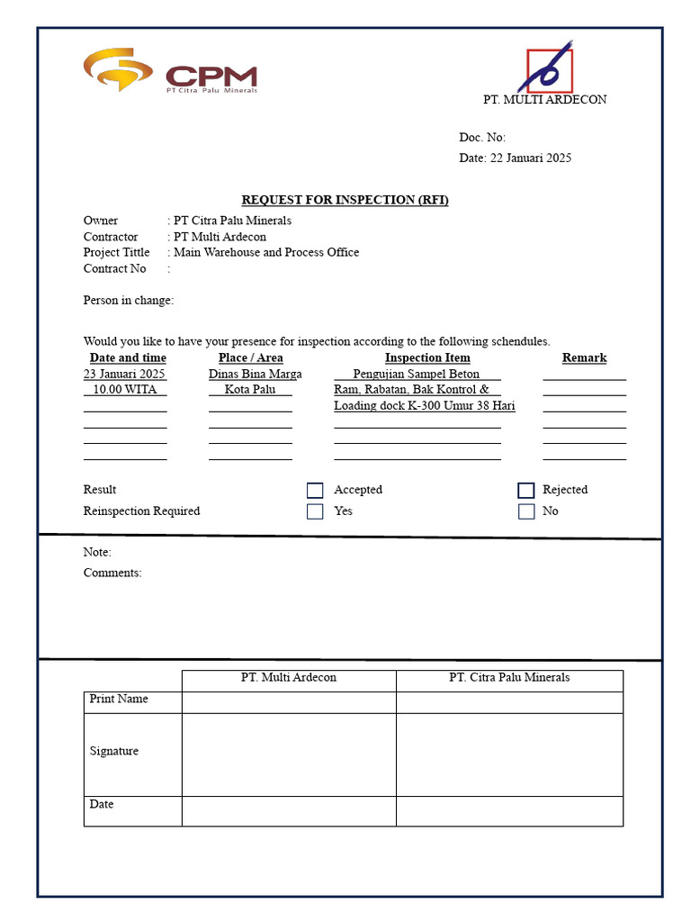 RFI Uji Kuat Beton Ram, Rabatan, Bak Kontrol Loadingdock Warehouse ...