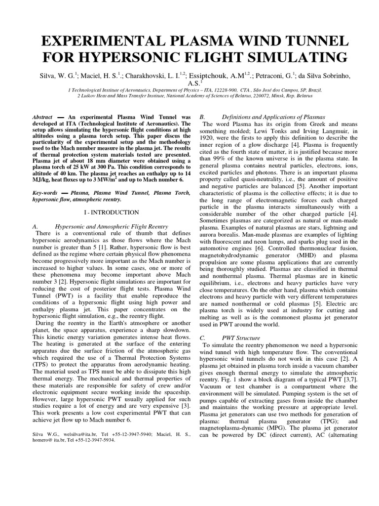 Wellington - Experimental Plasma Wind Tunnel | PDF | Plasma (Physics) | Atmospheric Entry