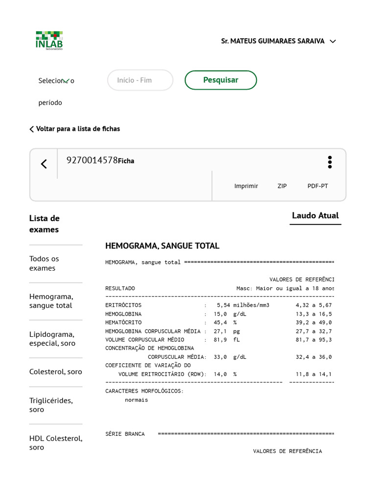 Laudo Do Exame Resultados de Exames INLAB Laboratórios | PDF | Colesterol | Especialidades médicas
