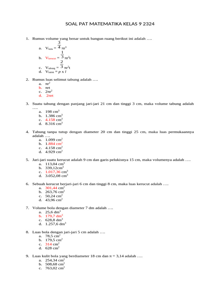 Soal Pat Matematika Kelas 9 2324 | PDF