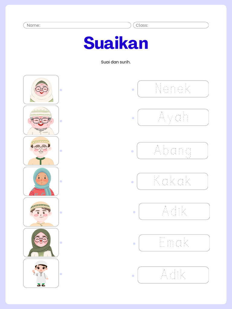 Family Members Matching Worksheet in Blue Illustrative Style | PDF