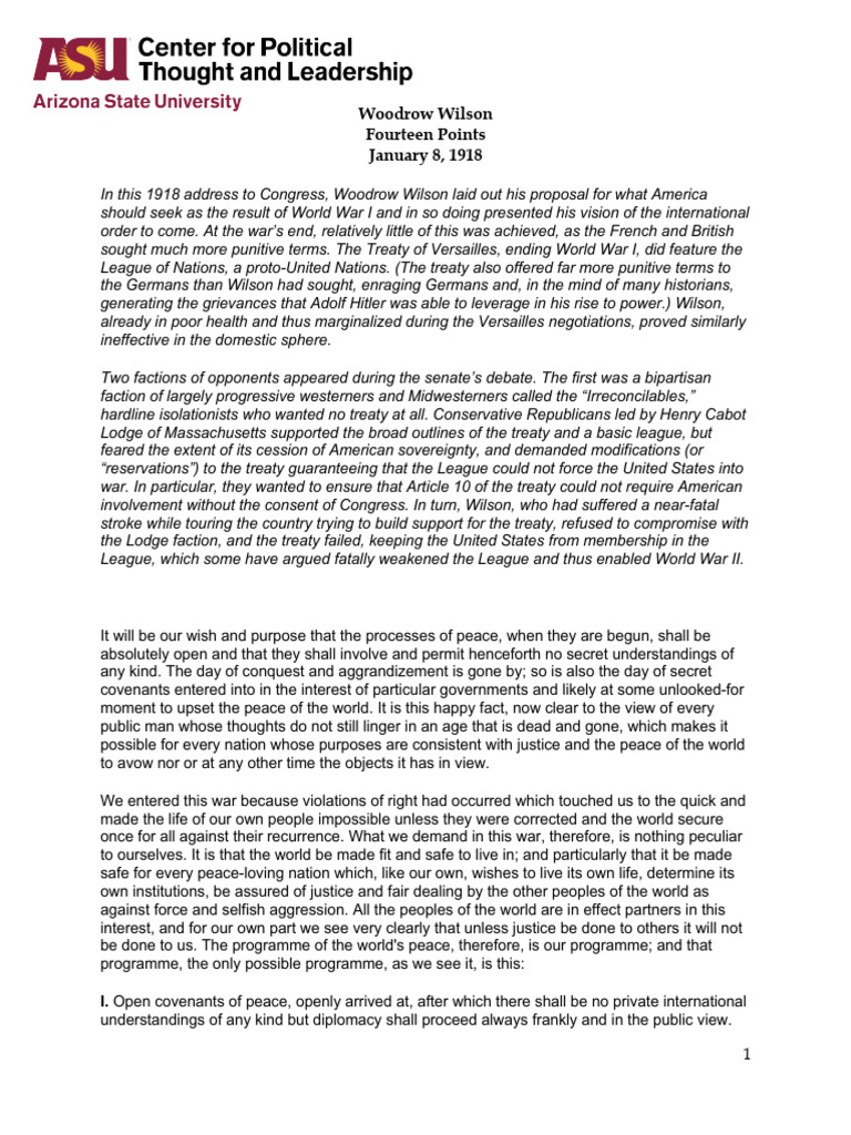 Q101 Wilson, Fourteen Points and Lodge, Speeches on League of Nations ...