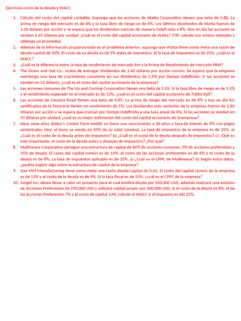 3b. Práctica Preparatoria Costo de La Deuda y WACC | PDF | Compartir (Finanzas) | Acciones ...