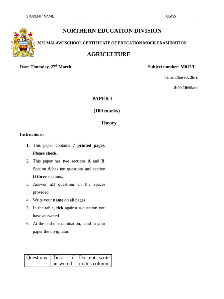 2025 Agriculture Mock Exam Paper I | PDF | Agriculture | Agricultural ...
