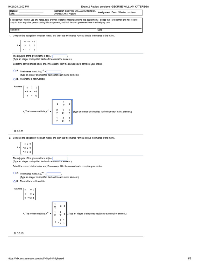 Exam 2 Review Problems-George William Katerega | PDF | Eigenvalues And Eigenvectors | Determinant