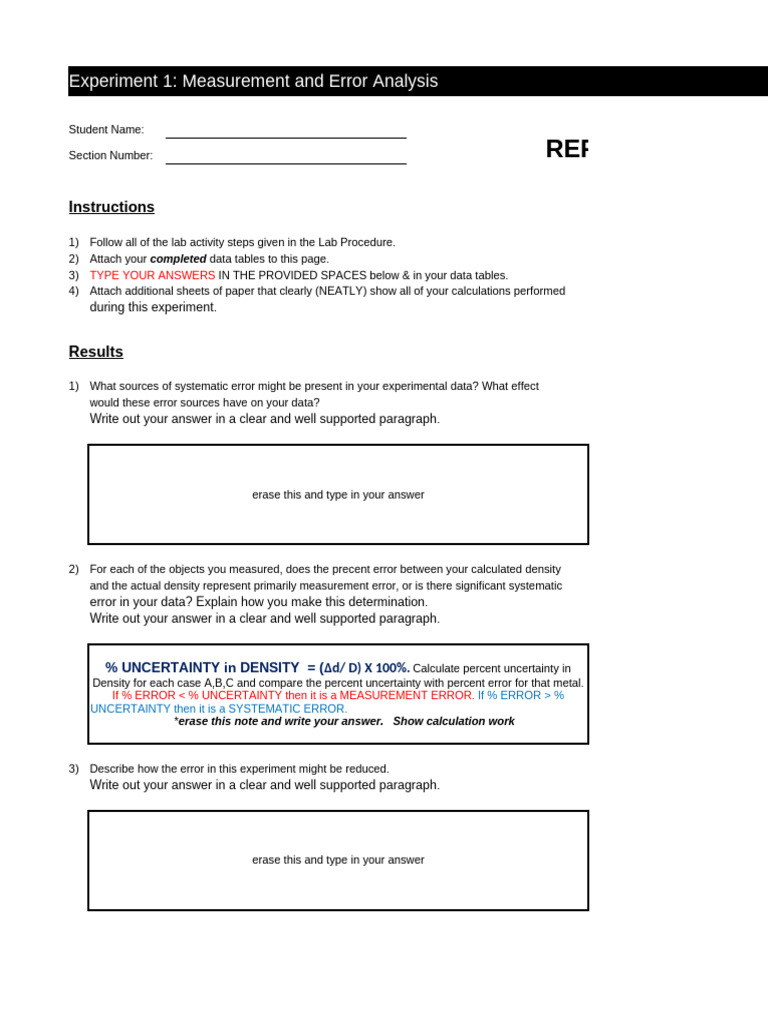 PHYS 2425 Exp 1 Report Template | PDF | Density | Volume