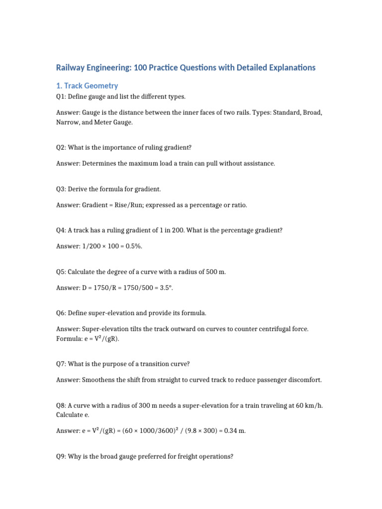 Railway Engineering Q&A Guide | PDF | Track Gauge | Rail Transport