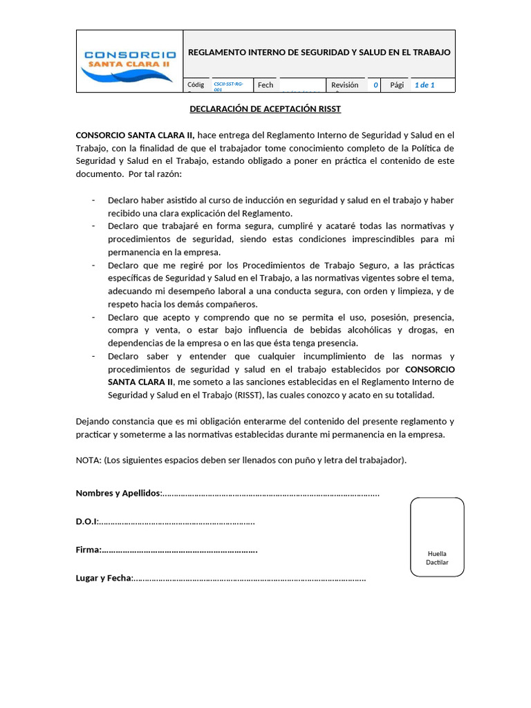 DECLARACIÓN DE ACEPTACIÓN RISST | PDF | Regulación
