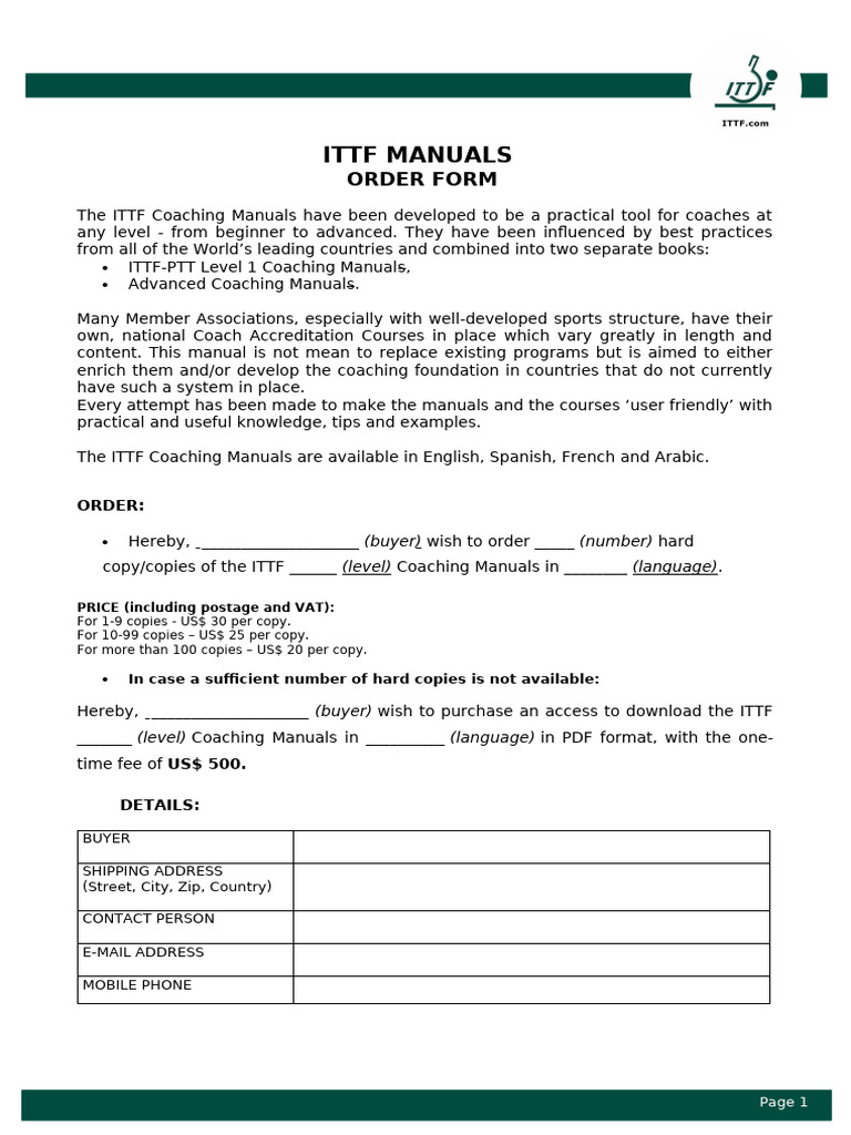 ITTF Coaching Manuals Order Form1 | PDF | Computing