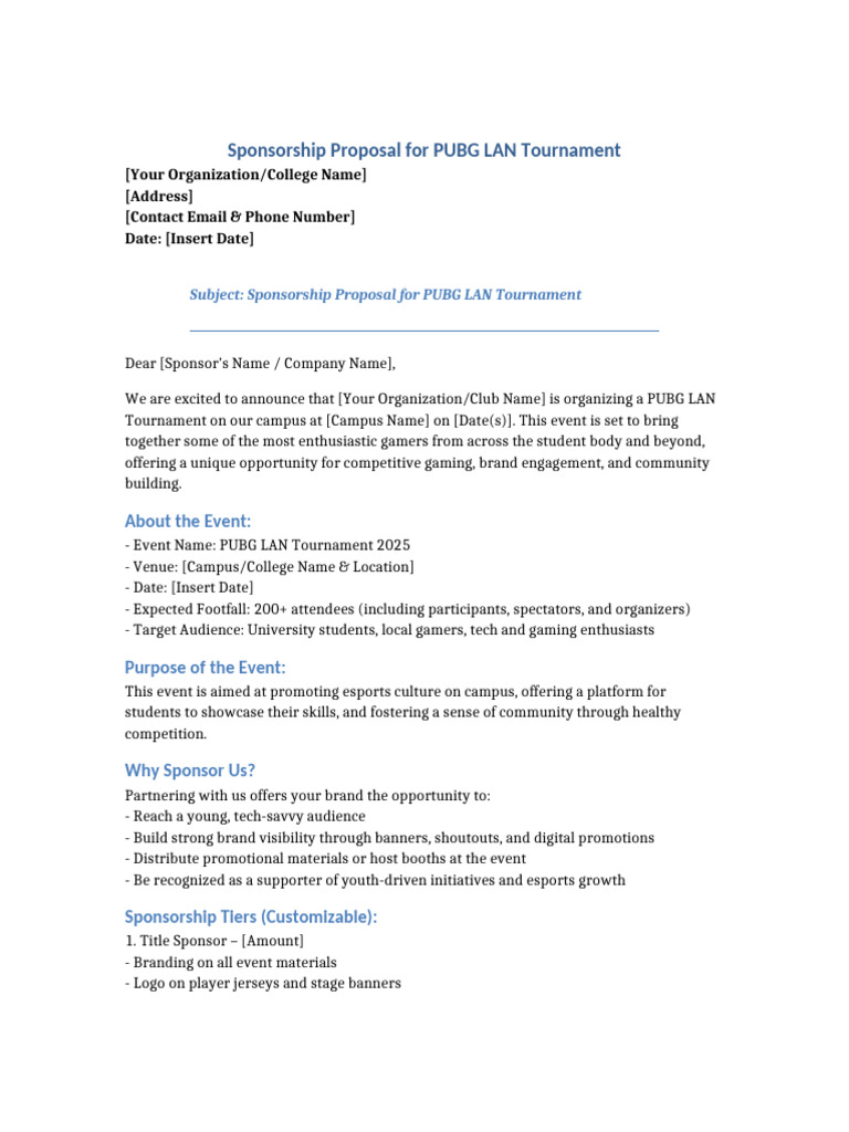 PUBG LAN Tournament Sponsorship Proposal | PDF