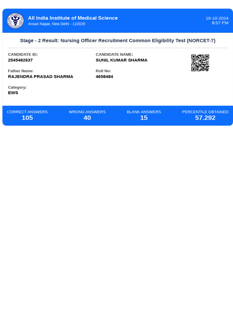 NORCET-7 Score Card for Sunil Sharma | PDF