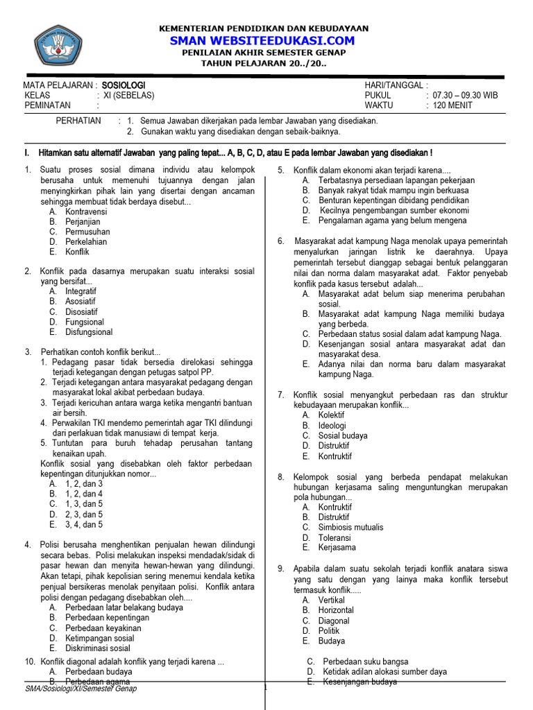 Latihan Soal PAT Sosiologi XI | PDF