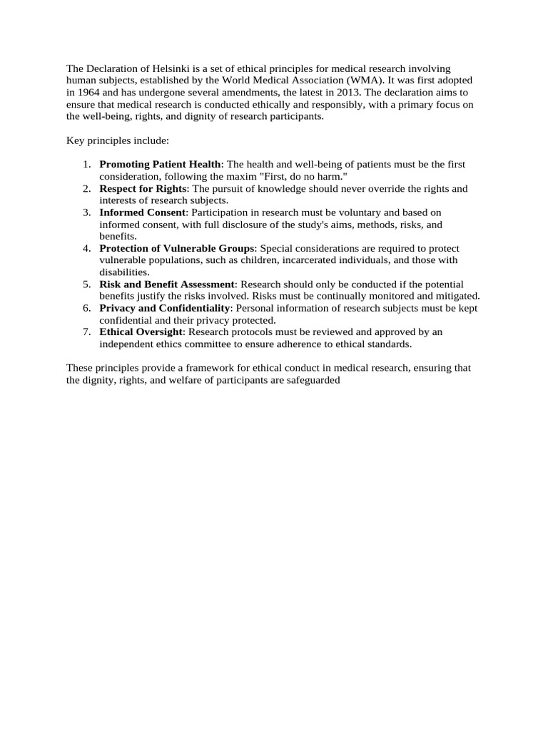 Helsinki Is A Set of Ethical Principles For Medical Research Involving Human Subjects | PDF