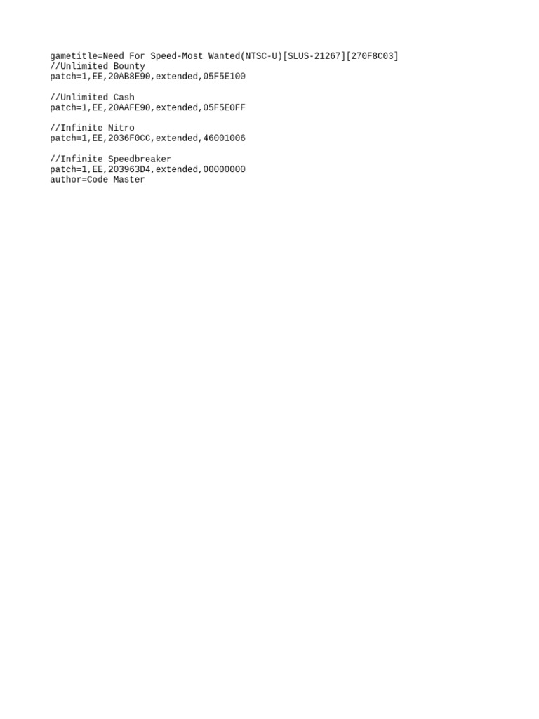 NFS Most Wanted Cheat Codes Patch | PDF