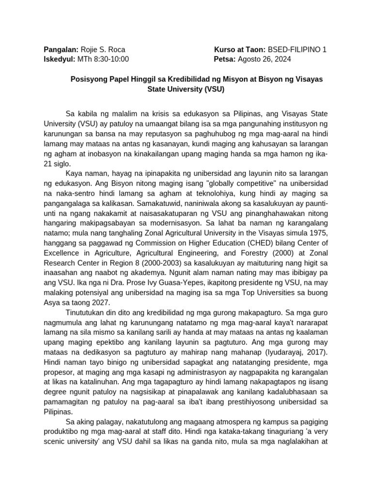 POSISYONG PAPEL hinggil sa Misyon at Bisyon ng VSU | PDF